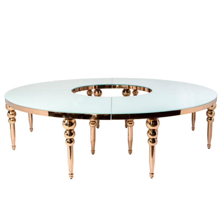 Row Dining Table Rose Gold & Frosted White Top - Ruth Fischl Event Rental
